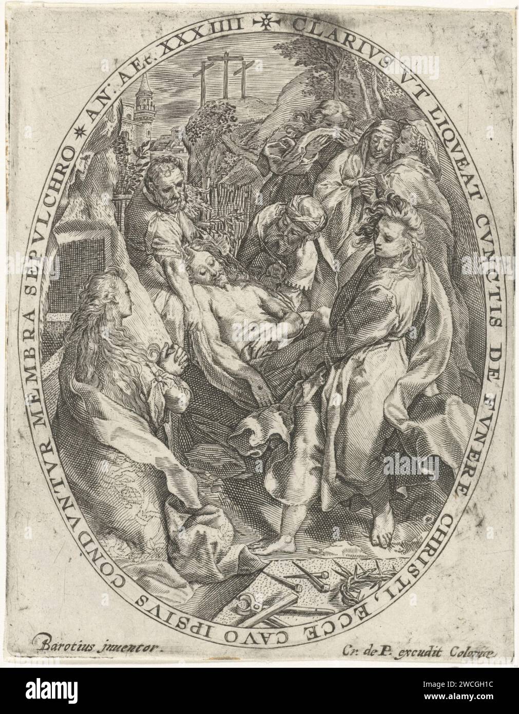 Grave of Christ, Crispijn van de Passe (I), After Federico Barocci, 1600 print Christ is placed ...