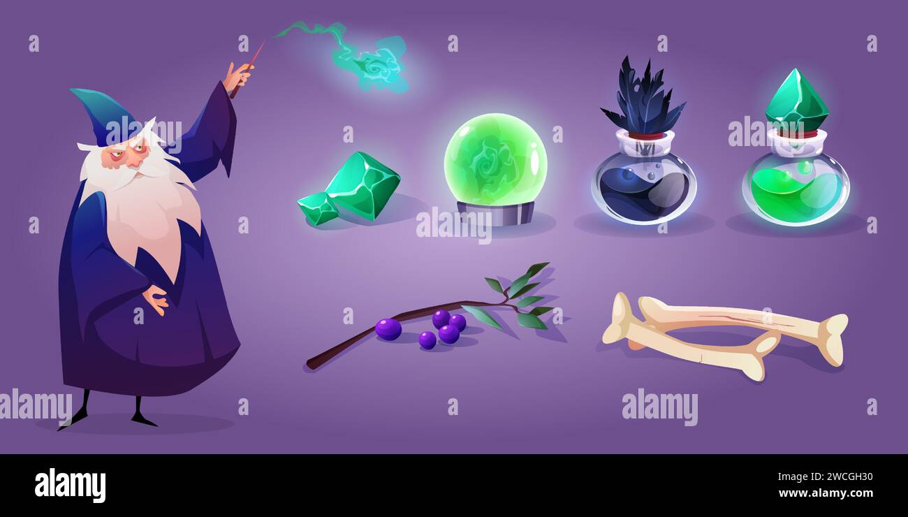 Old wizard and set of magic assets isolated on background. Vector ...