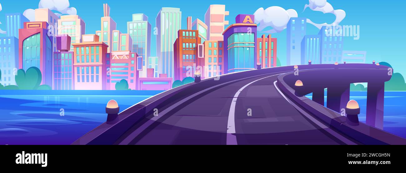 Viaduct bridge with road over river leading to modern city with ...