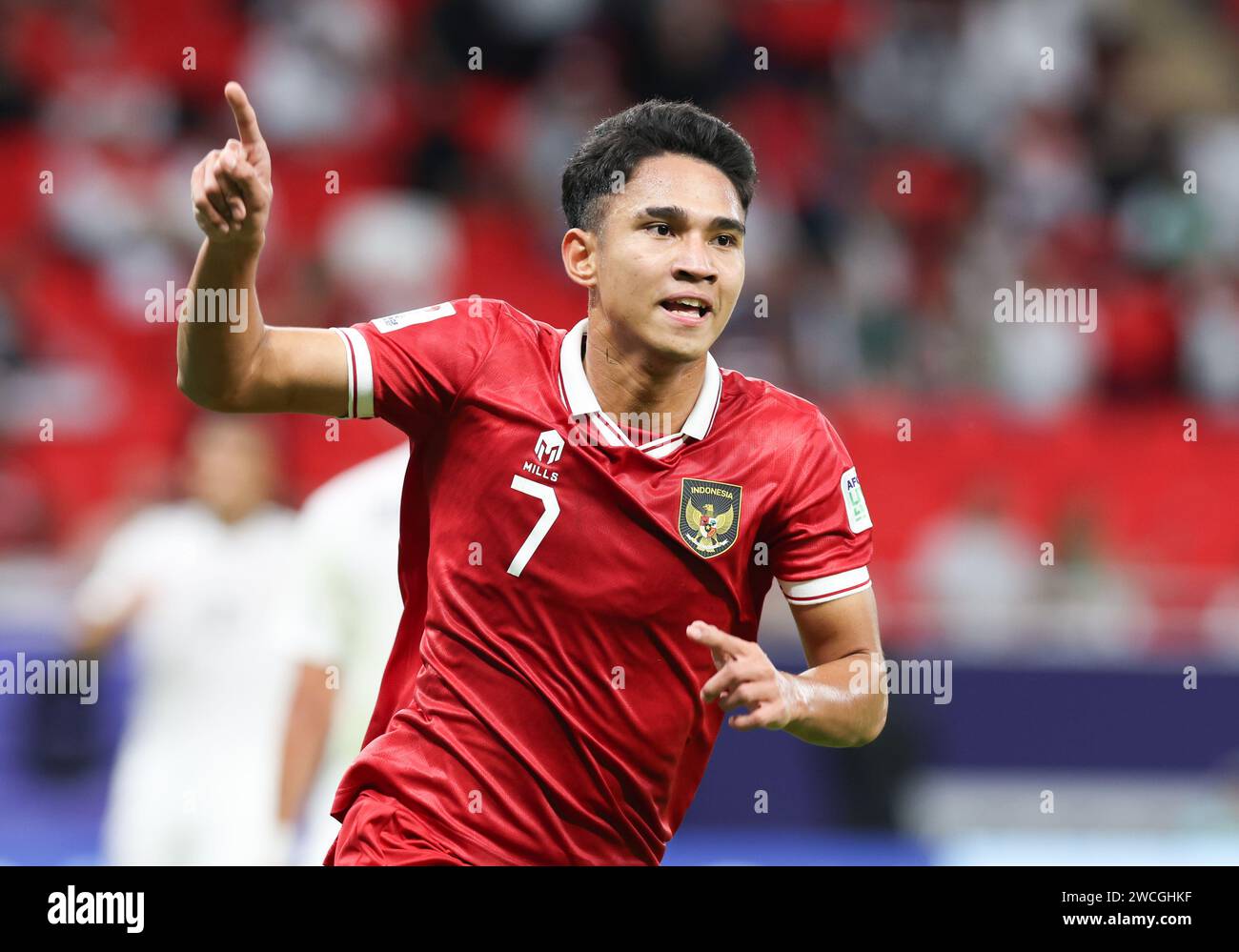 Doha, Qatar. 15th Jan, 2024. Marselino Ferdinan of Indonesia celebrates ...