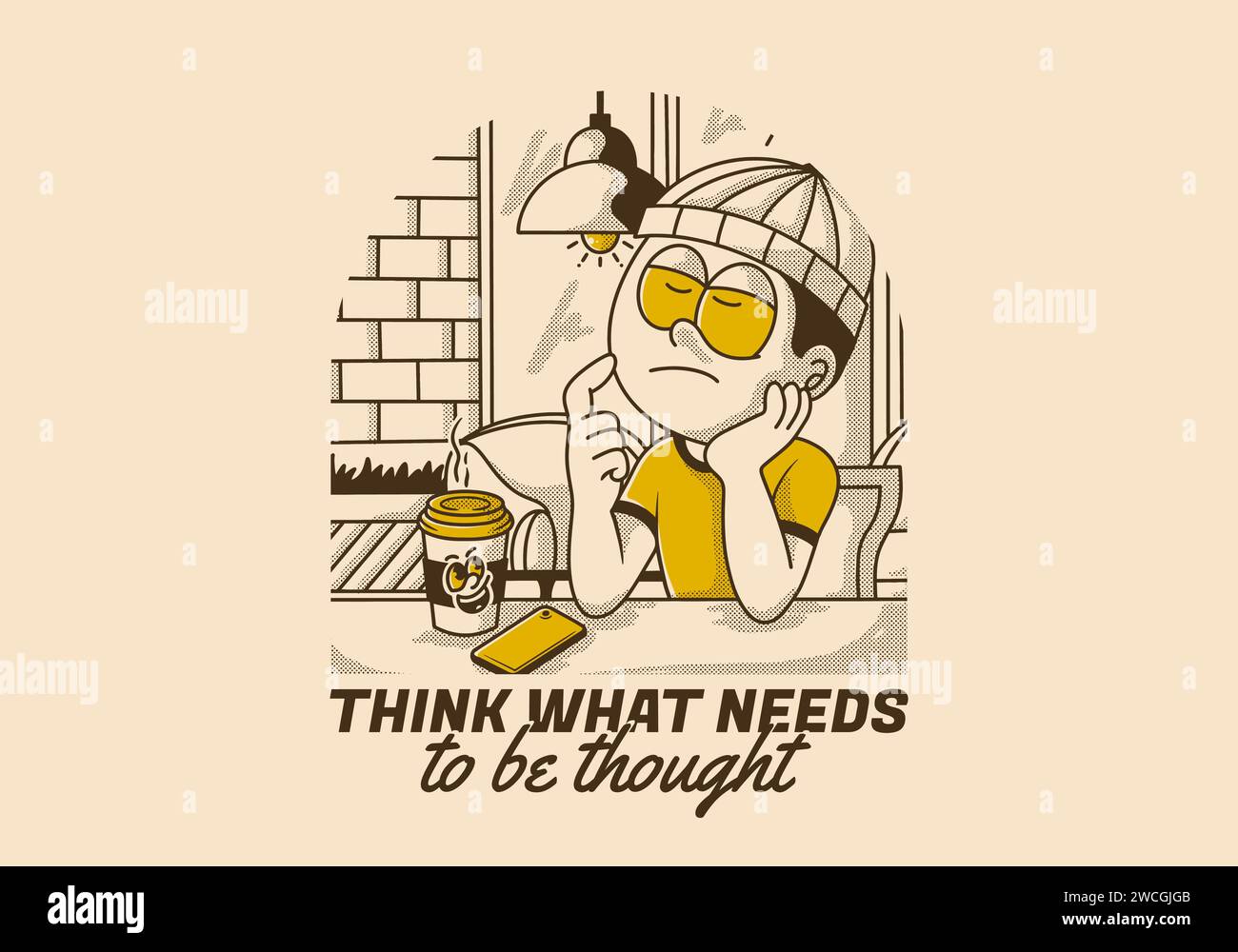 Think what needs to be thought. Vintage illustration of a boy in cafe ...