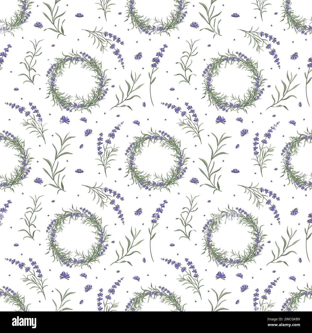 Seamless pattern of lavender wreaths and lavender branches and flowers ...