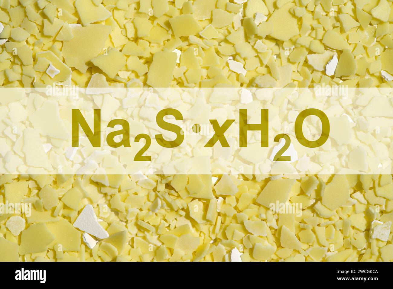 Sodium sulfide flake with chemical formula. Chemical used in the pulp and paper industry, water ...
