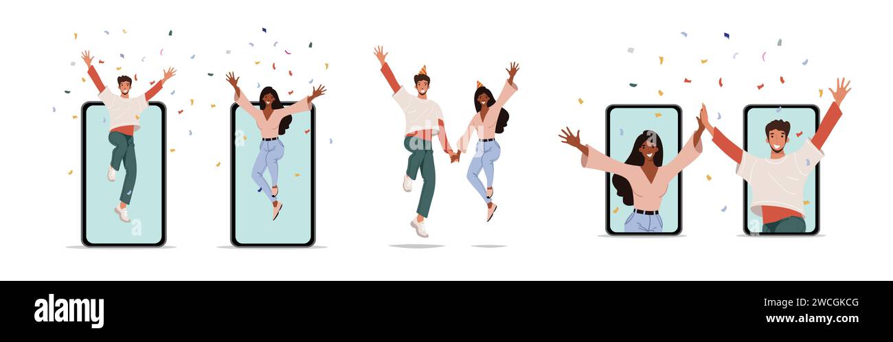 Happy guy and girl jumping out of the phone screen holding hands ...