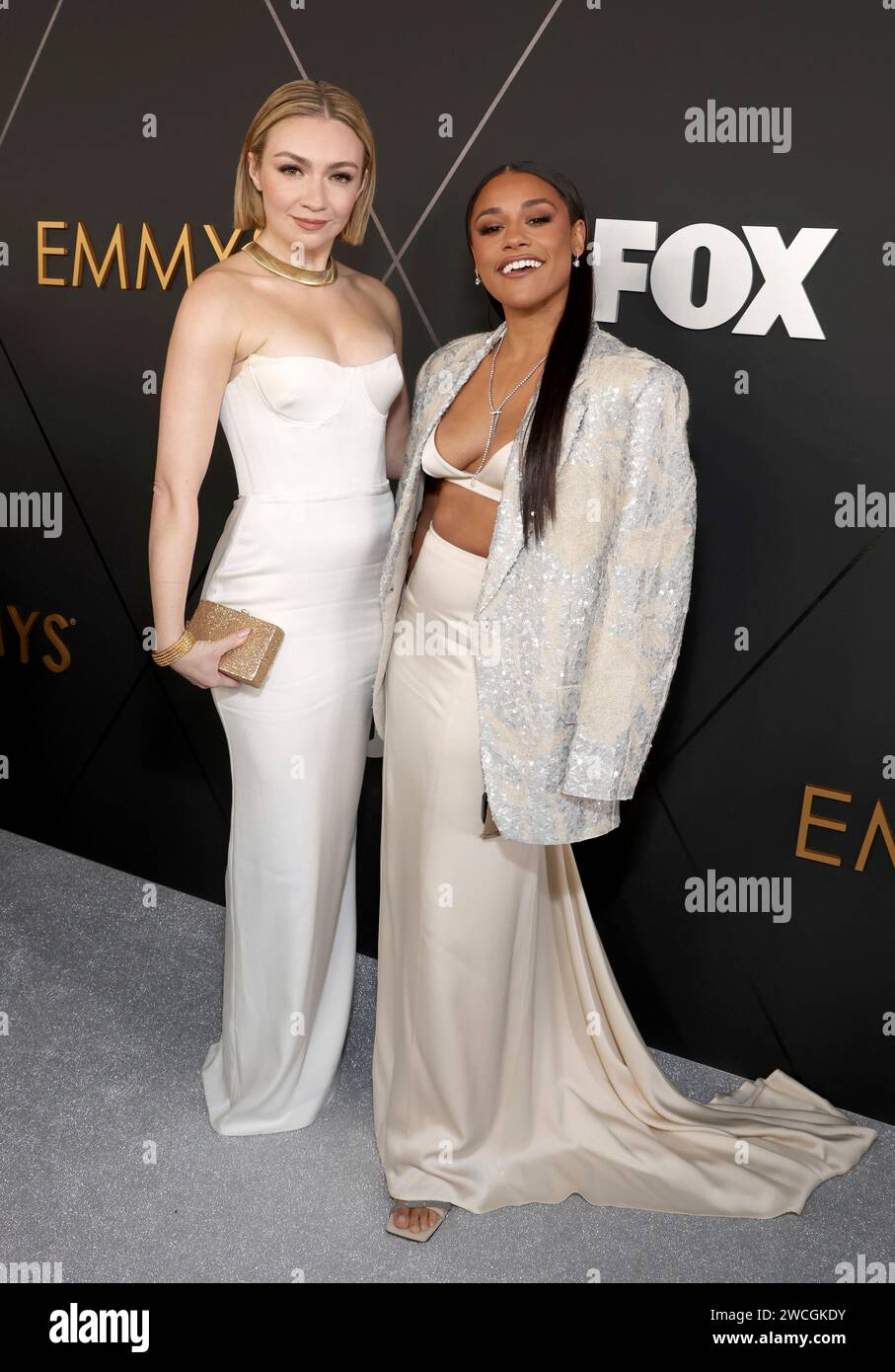 Ariana DeBose, right, walks the red carpet at the 75th Emmy Awards on ...