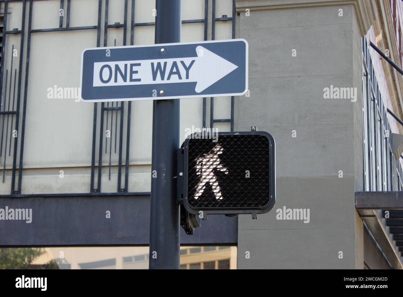 A 'One way' traffic sign on a metal pole Stock Photo - Alamy