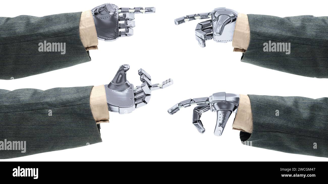 Set of robot hands in business suits with different hand gestures ...