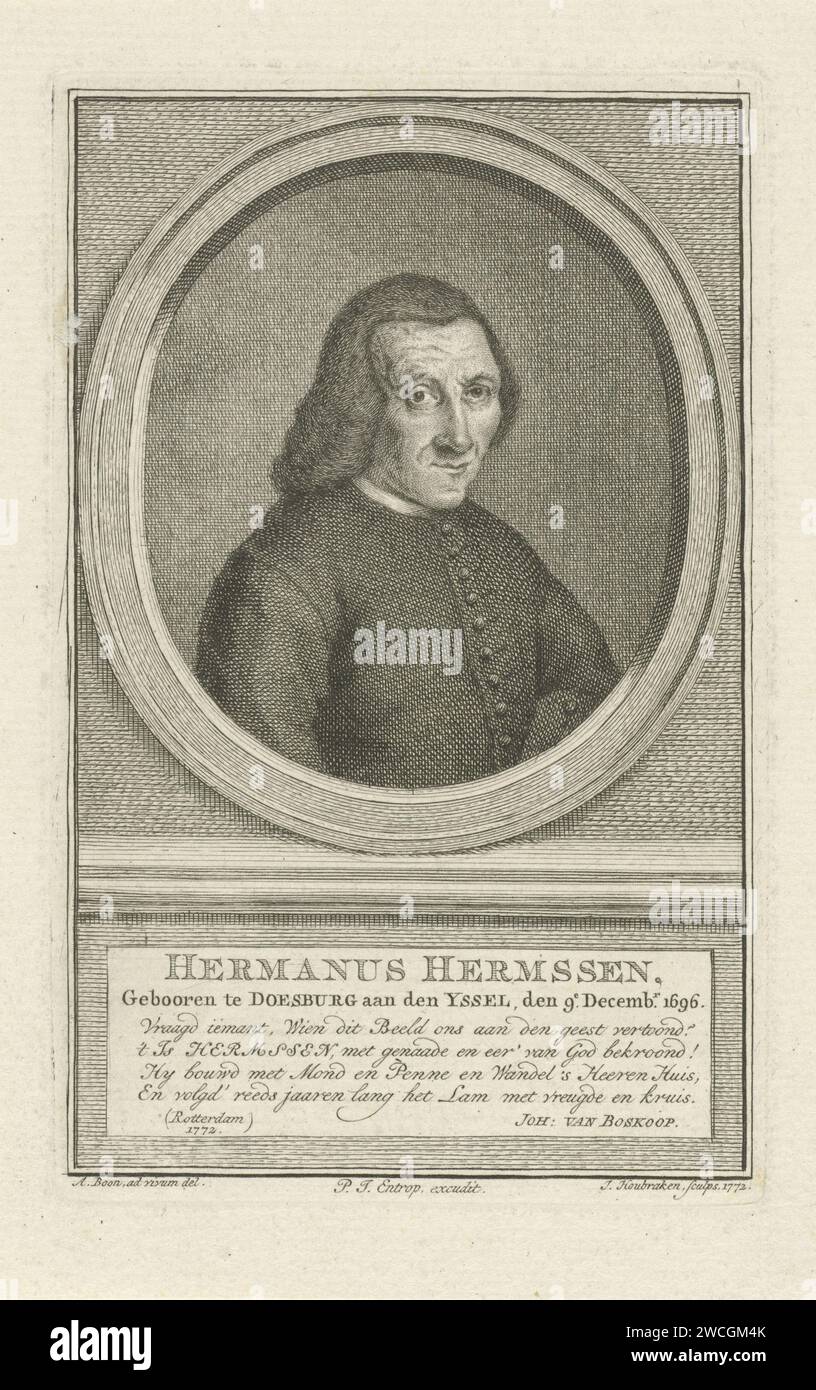 Portrait of Hermanus Hermsen, Jacob Houbraken, After Adriaan Boon, 1772 ...