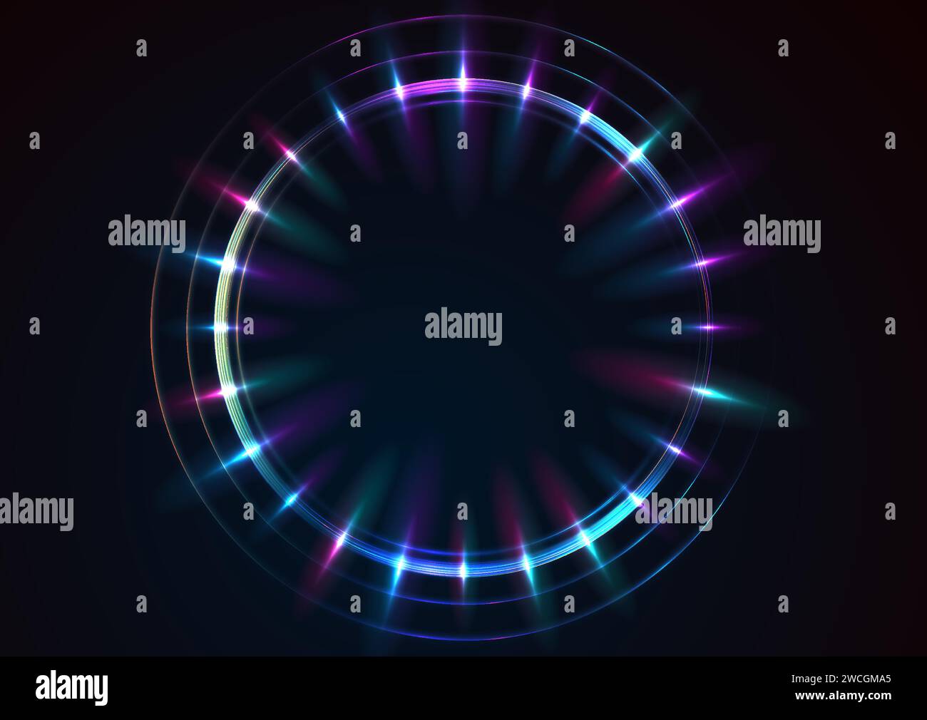 Blue purple neon laser rings with rays abstract background. Technology ...