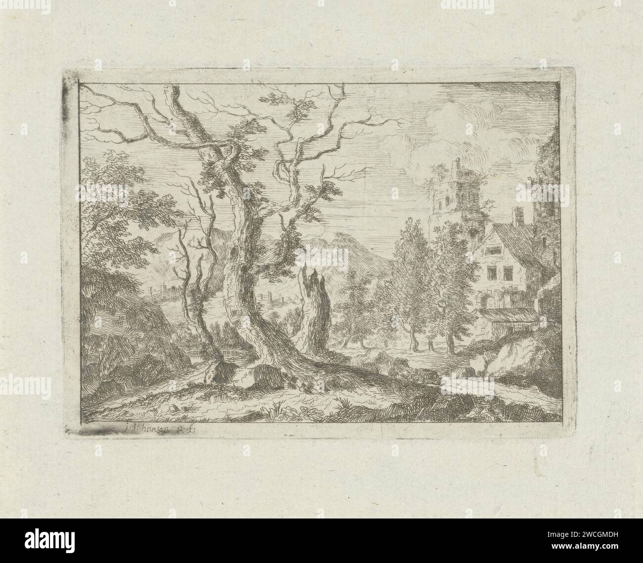 Three dead trees on a hill, Jean Joseph Hanson, 1741 - 1799 print ...