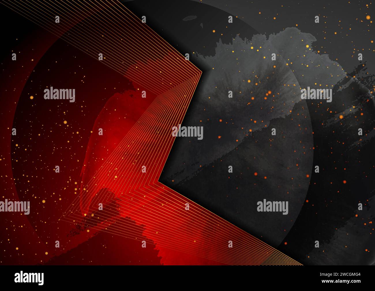 Golden curved lines and shiny dots on black red grunge background ...