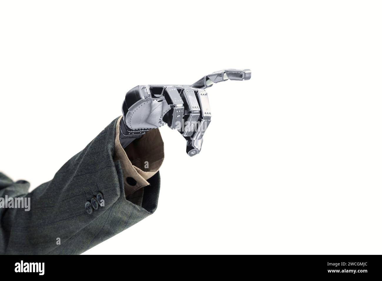 Robot hand in business suit reaching something isolated over white ...