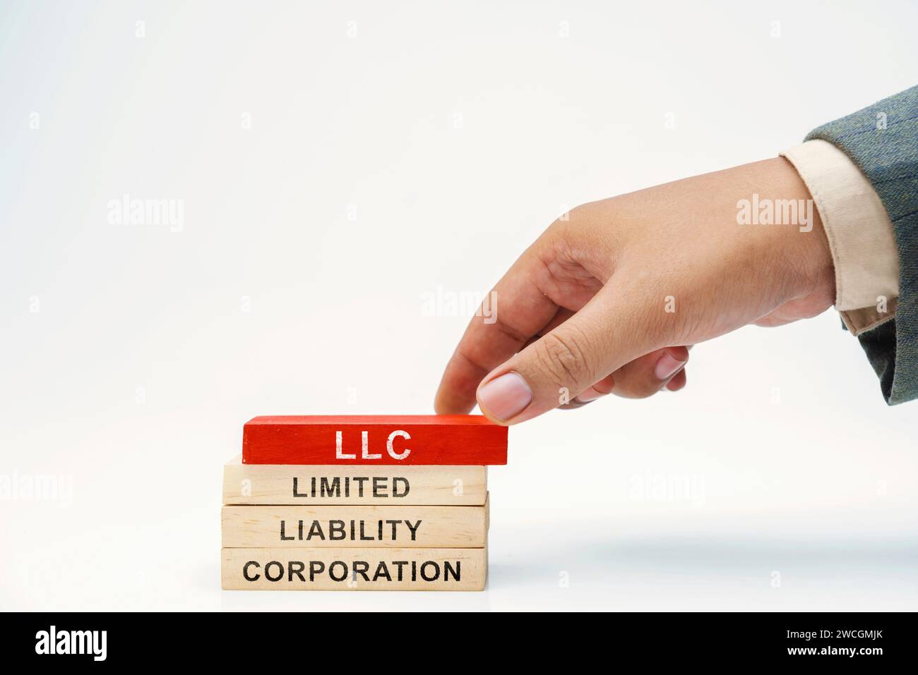 Business hand put wooden block stack with LLC - Limited Liability ...