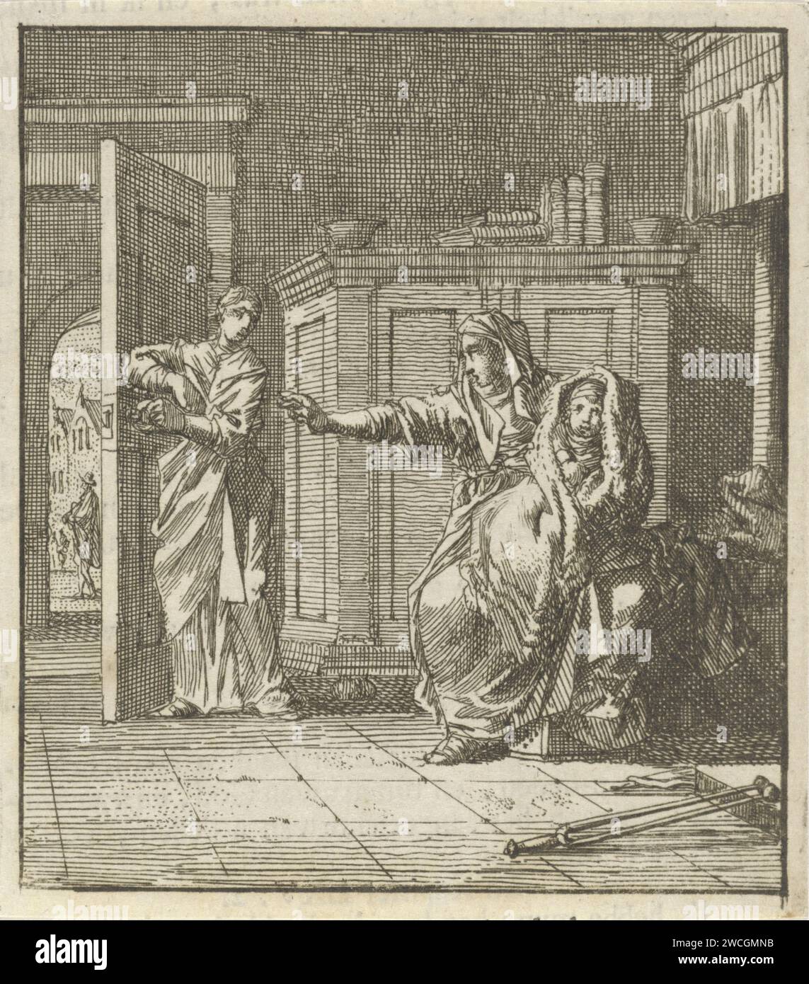 Mother is sitting with her in a blanket wrapped child on her lap, Jan Luyken, 1712 print ...