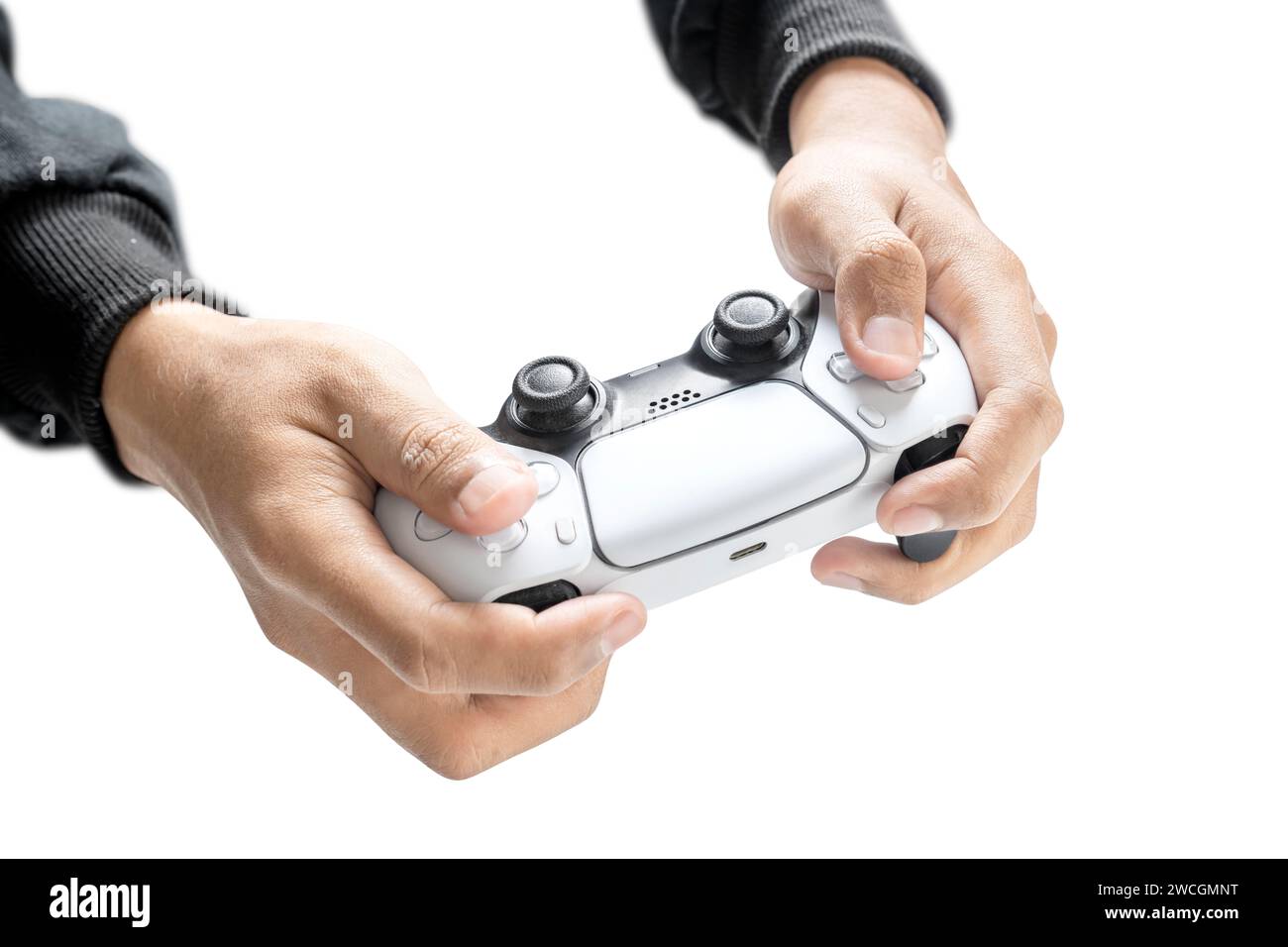 Gamer hand using video game console controller isolated over white ...