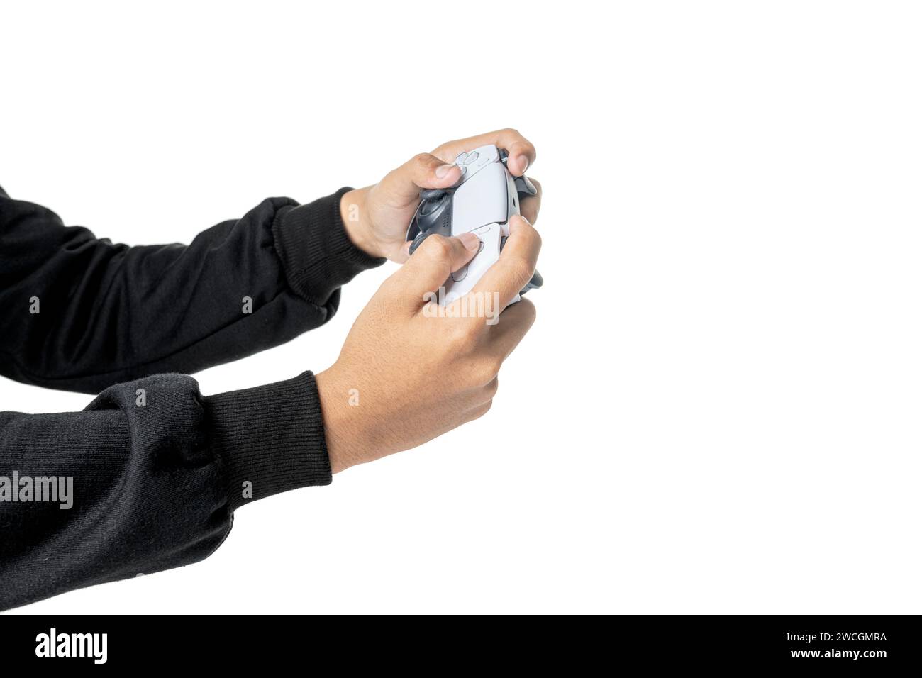 Gamer hand using video game console controller isolated over white ...