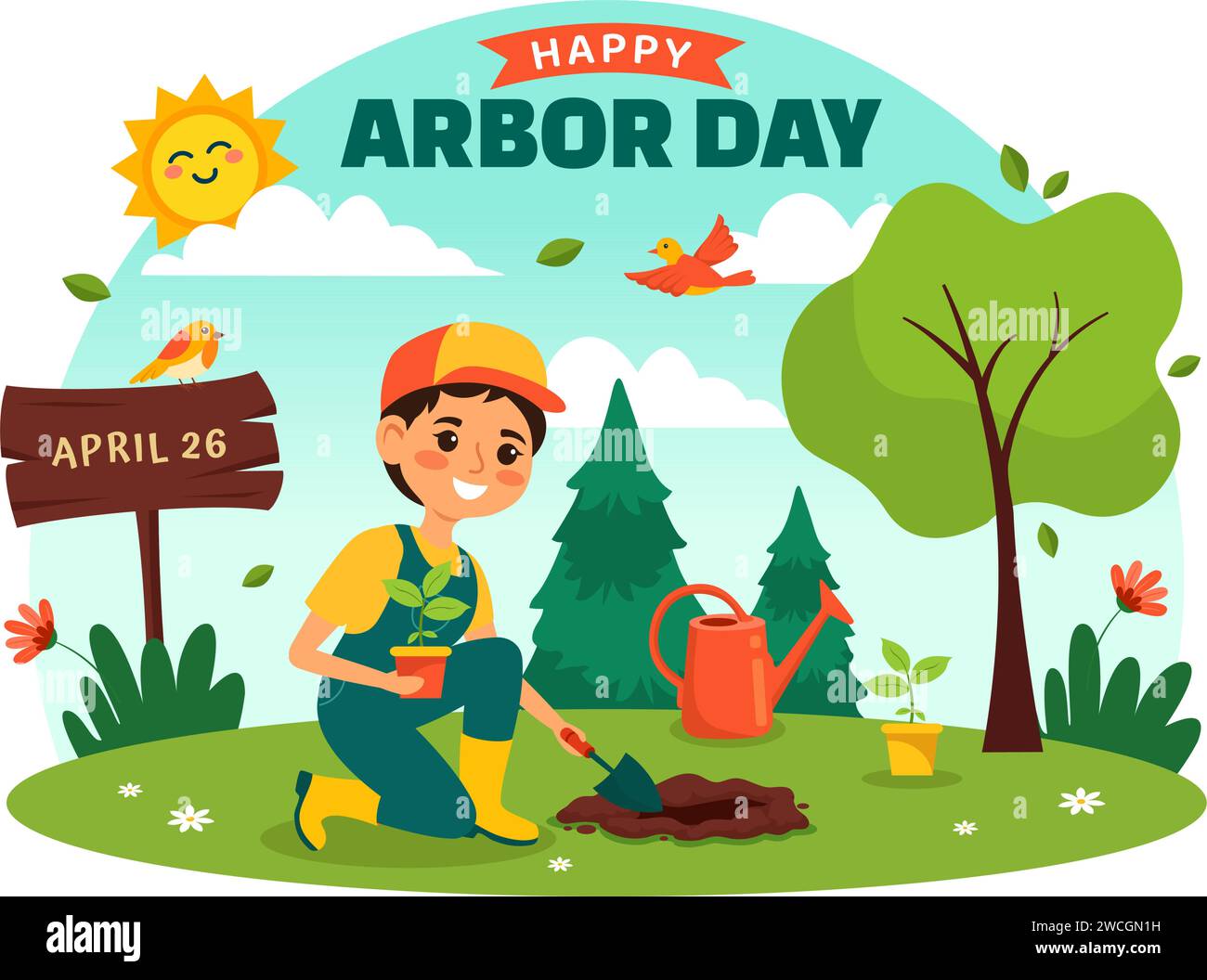 Happy Arbor Day Vector Illustration with Planting a Tree, Plant, Garden ...