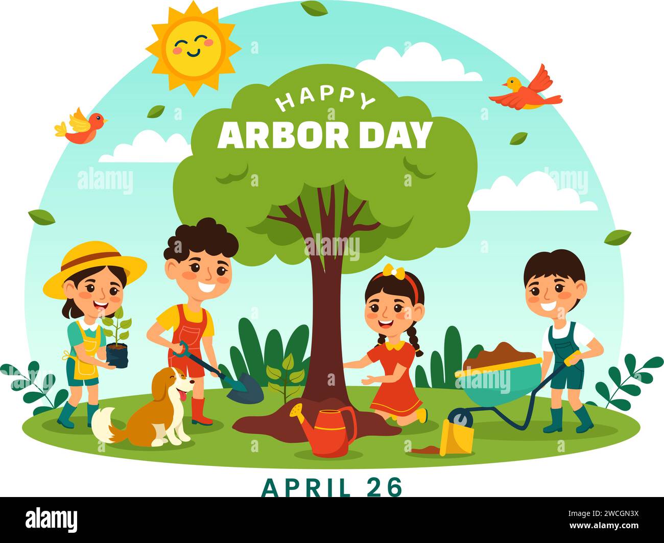 Happy Arbor Day Vector Illustration with Planting a Tree, Plant, Garden ...