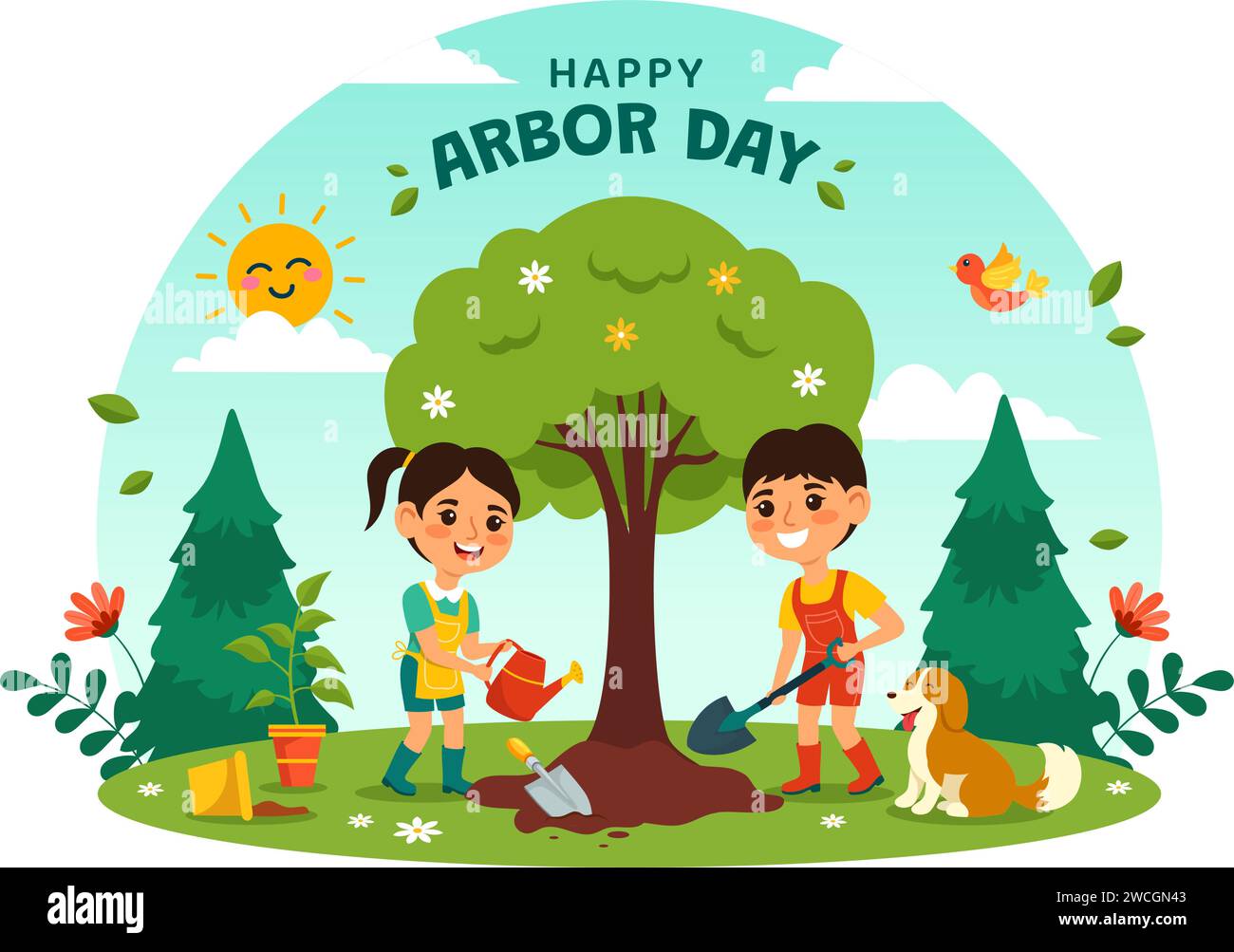 Happy Arbor Day Vector Illustration with Planting a Tree, Plant, Garden ...