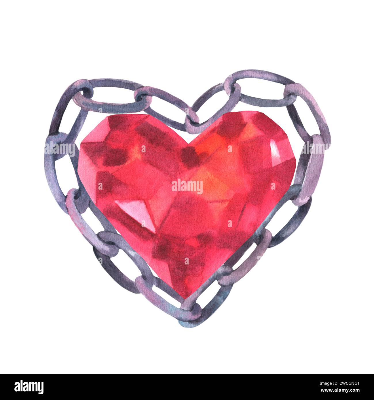 Watercolor illustration hand drawn grey heart shaped chain, diamond ...