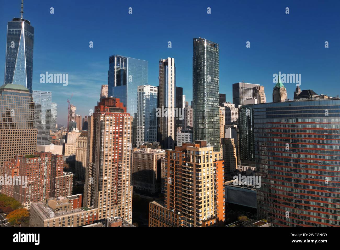 New York skyline from drone. New York Manhattan over the Hudson river ...