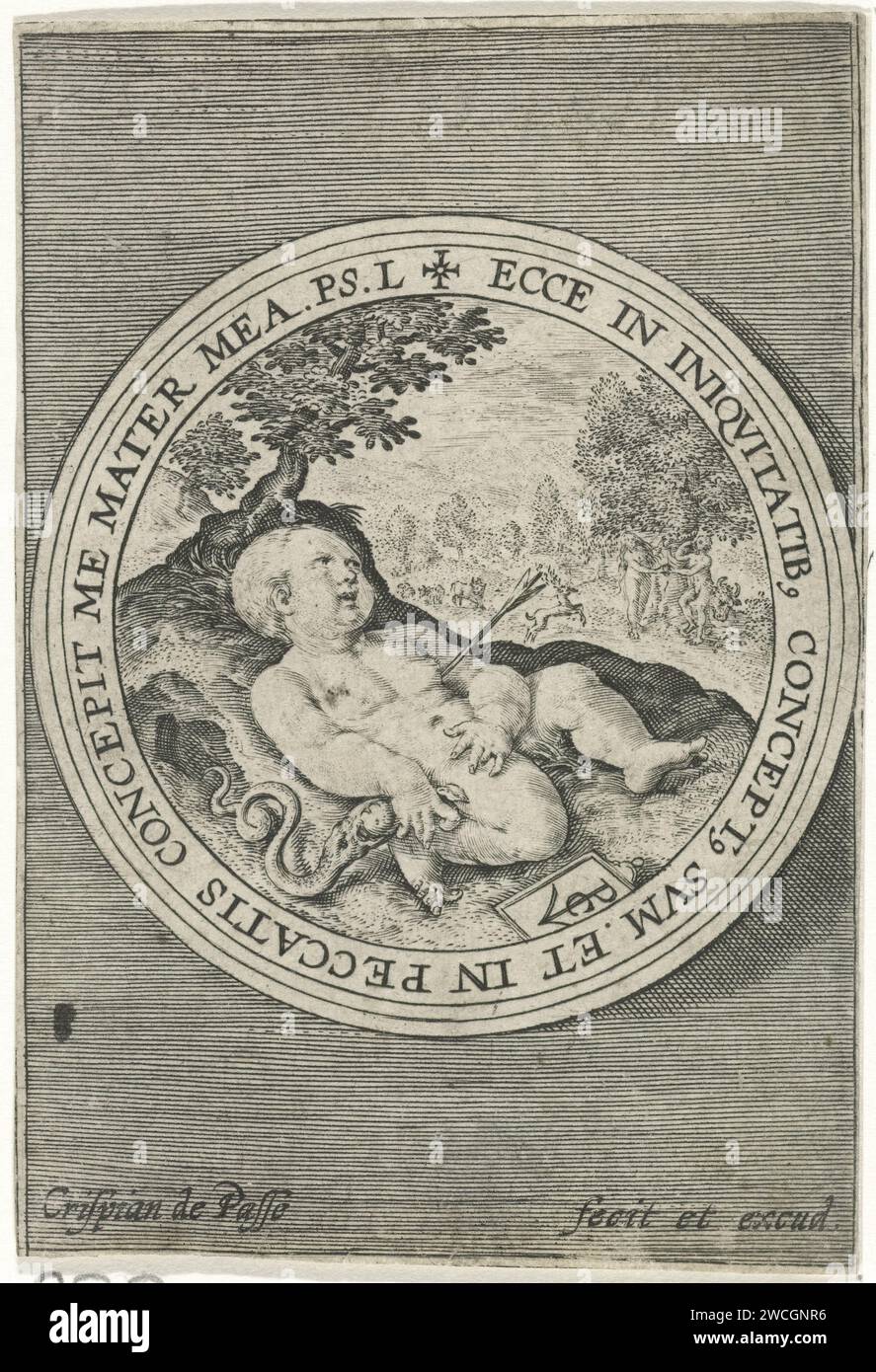 Putto with pierced heart, Crispijn van de Passe (I), 1594 print Medallion with a putto with a ...