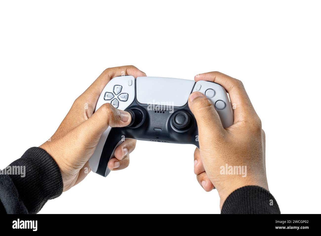 Gamer hand using video game console controller isolated over white ...
