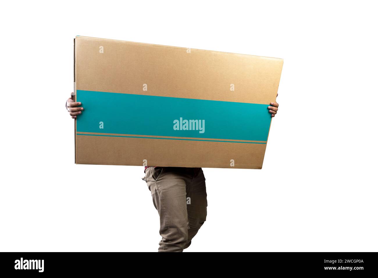 People carrying a large packet for delivering isolated over a white ...