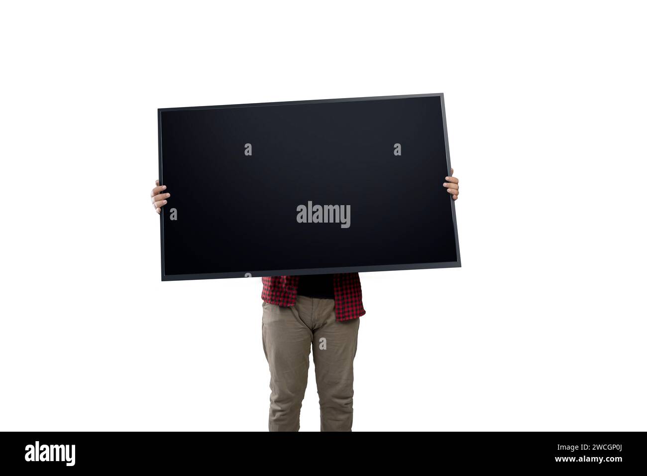 People carrying big screen televisions isolated over a white background ...