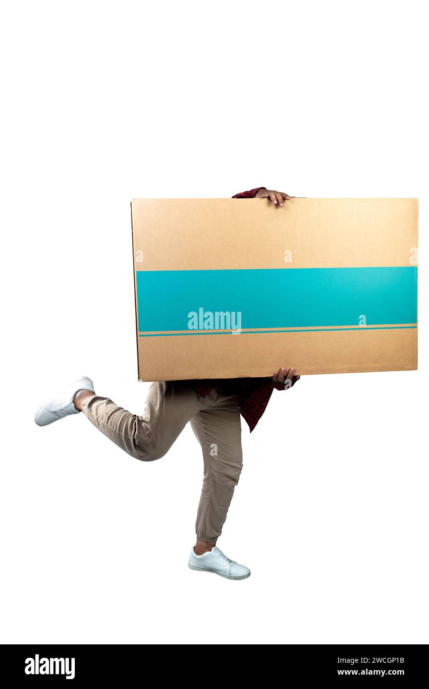 People carrying a large packet for delivering isolated over a white ...