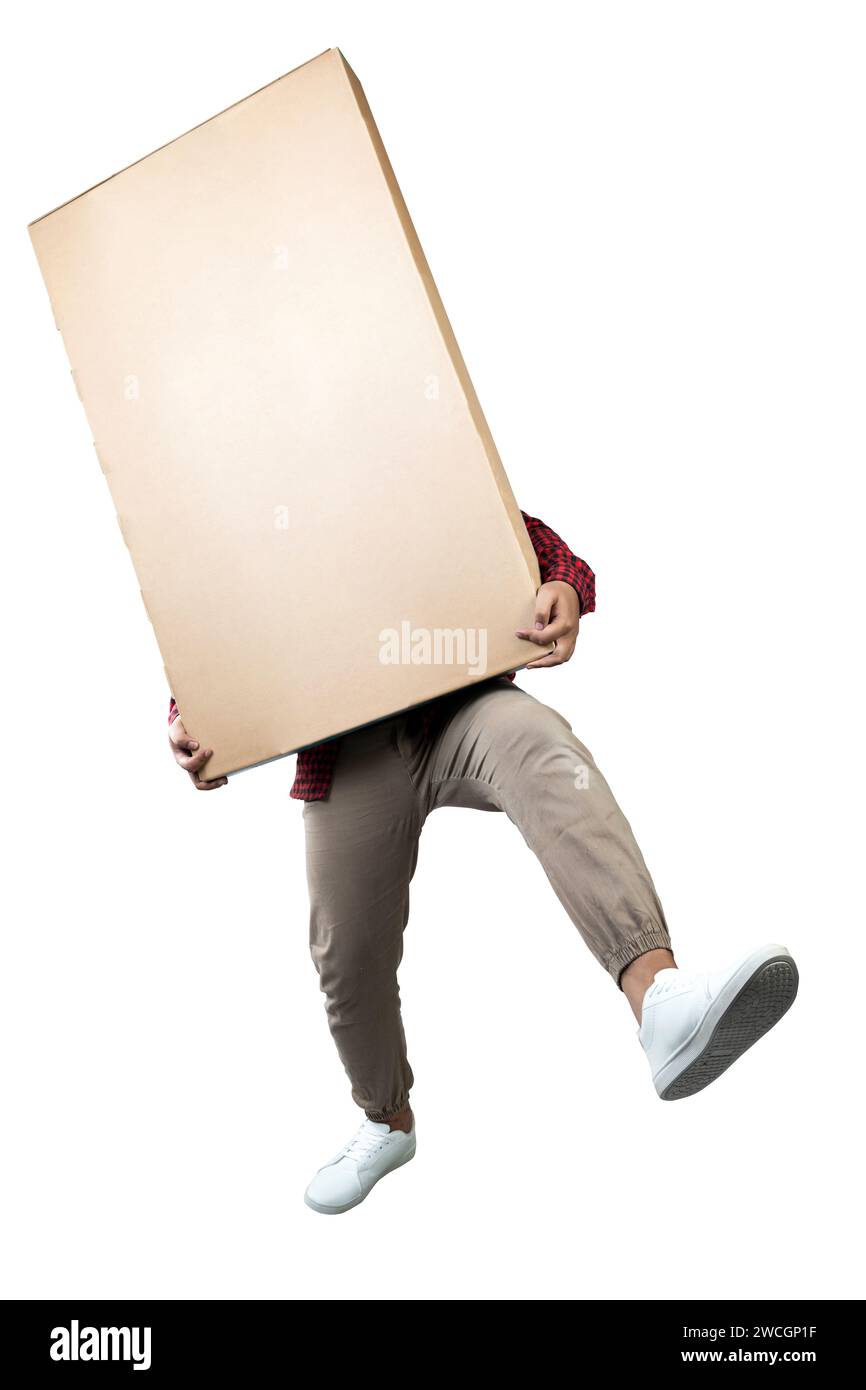 People carrying a large packet for delivering isolated over a white ...