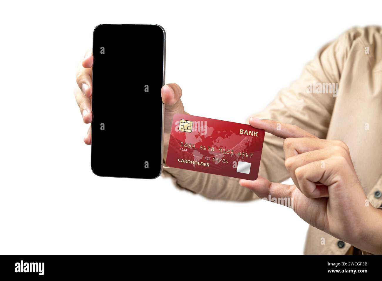 People hand showing credit cards and mobile phones with empty screens ...