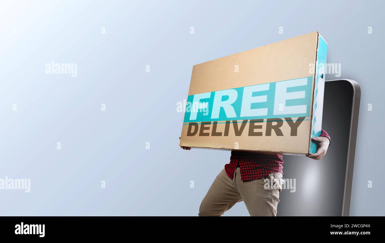 People come out from the mobile phone screen carrying large packets for ...