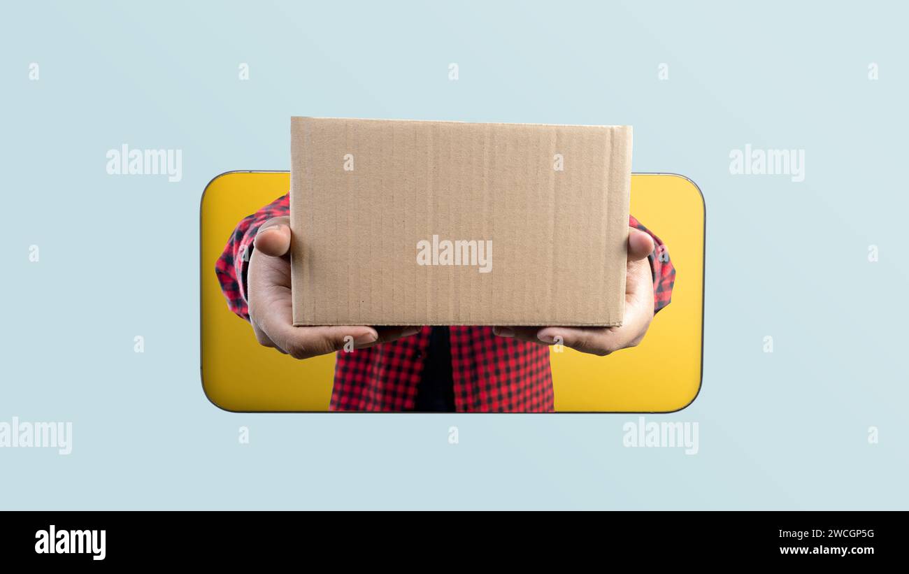 Human hand coming out from mobile phone screen for packet delivery with ...