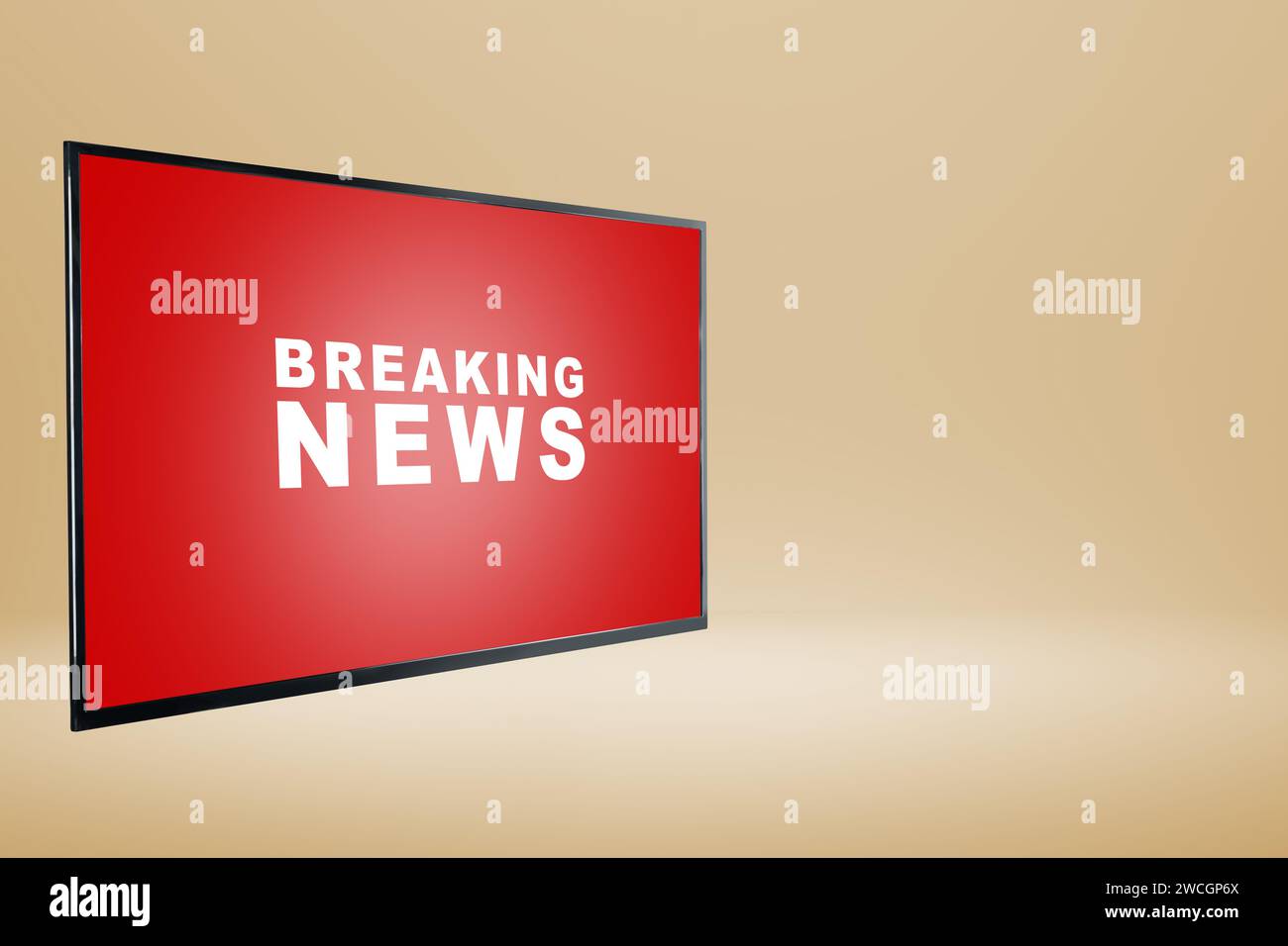 Big screen televisions with breaking news inscriptions on a colored ...