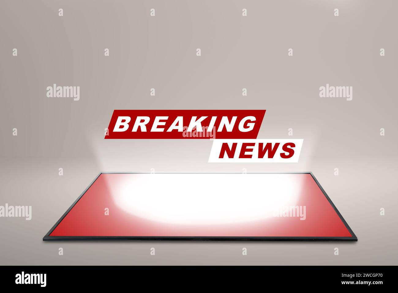 Big screen televisions with breaking news inscriptions on a colored ...