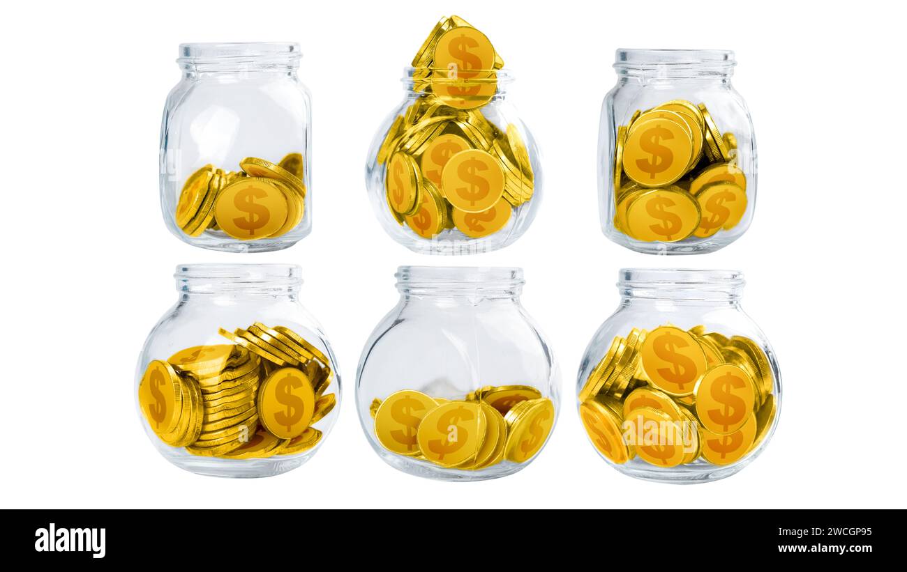 Set of golden coins inside glass jars isolated over white background ...