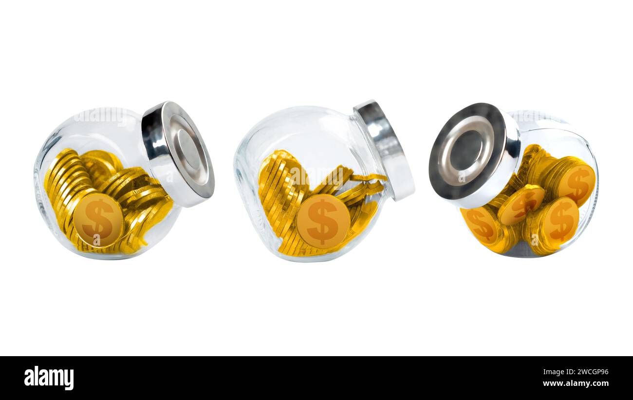 Set of golden coins inside glass jars isolated over white background ...