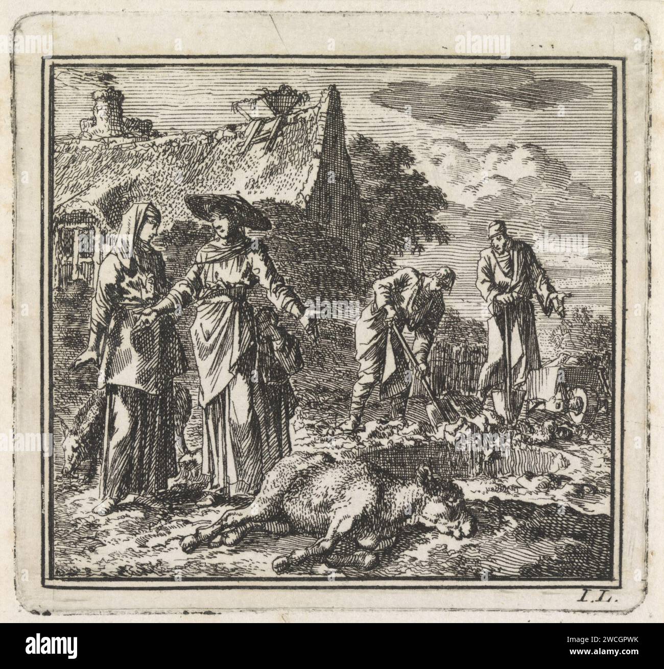 Two women in a drowned calf, Jan Luyken, 1710 print Amsterdam paper ...