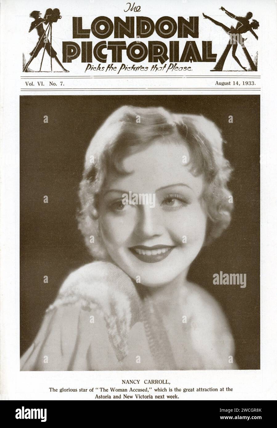 NANCY CARROLL Portrait on Front Cover of THE LONDON PICTORIAL magazine from August 14th 1933 ...