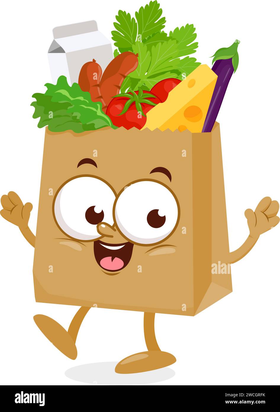 Cartoon paper bag character with groceries. Food in a shopping bag ...