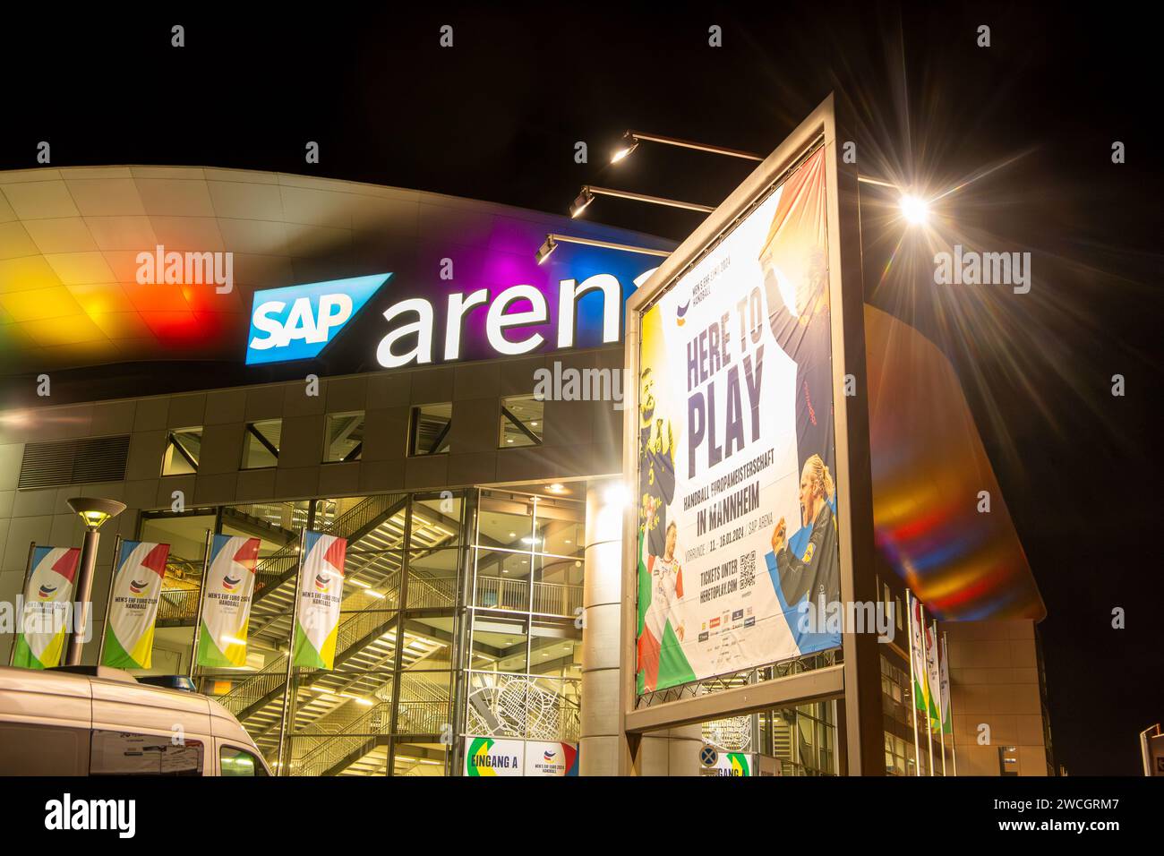Night shot of the SAP Arena in Mannheim during a match of the European ...
