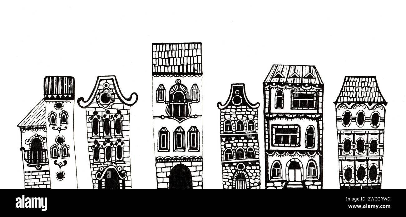 Panorama of old houses. Drawing with a black outline. Isolated on white ...