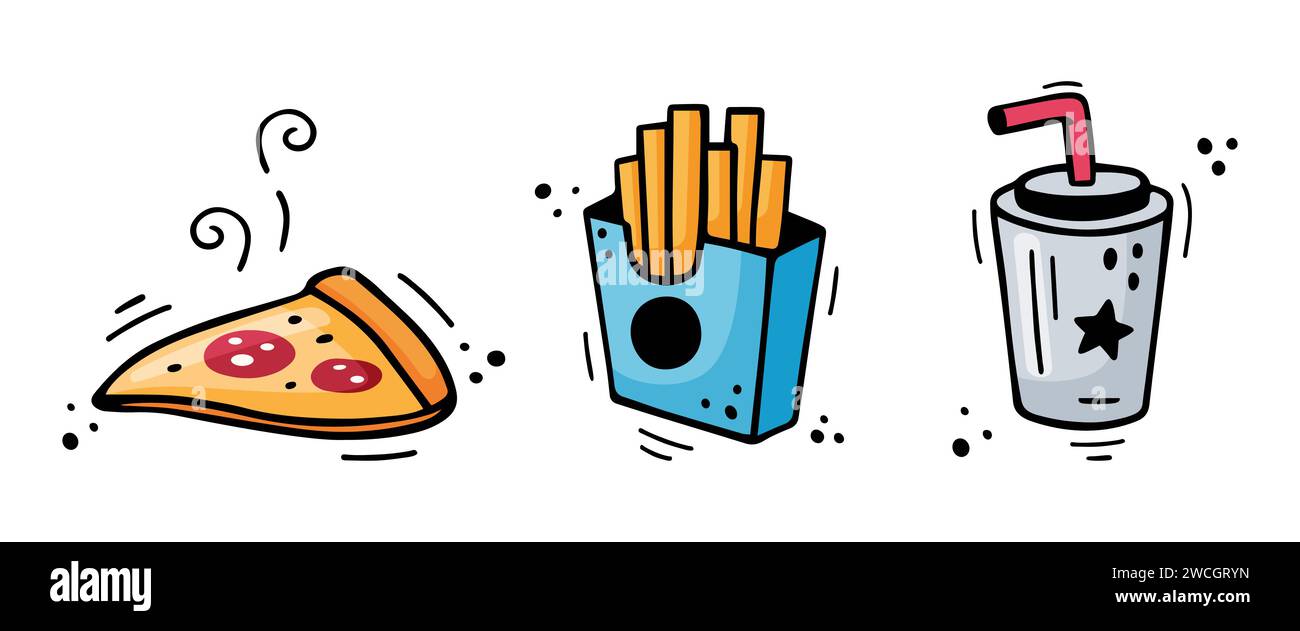 Fast food icons set - pizza, French fries, paper cup with drink. Hand ...
