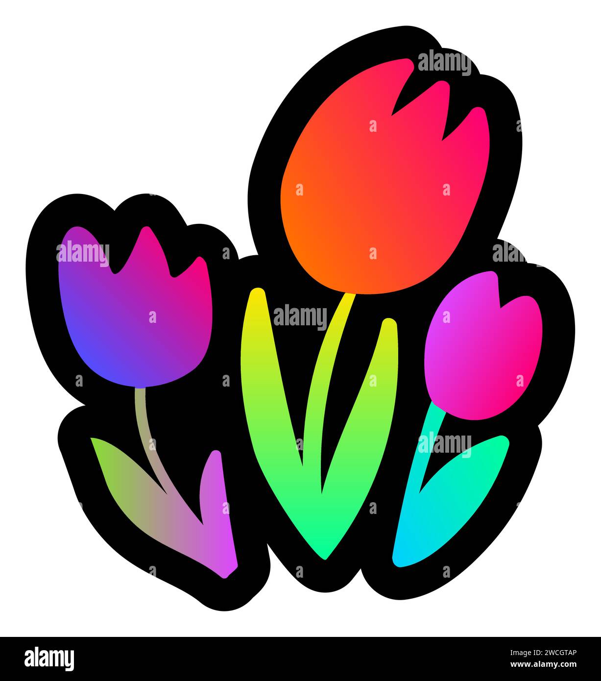 Declarative fluorescent hand drawn meadow of spring tulips with neon ...