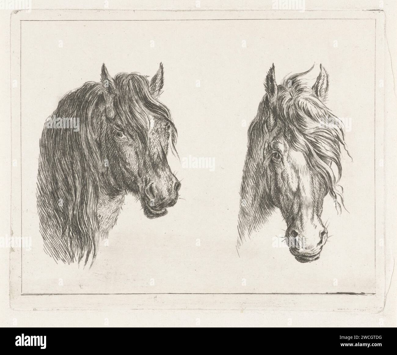 Two horse heads, Jacobus Cornelis Gaal, after Pieter Gaal, 1851 print ...