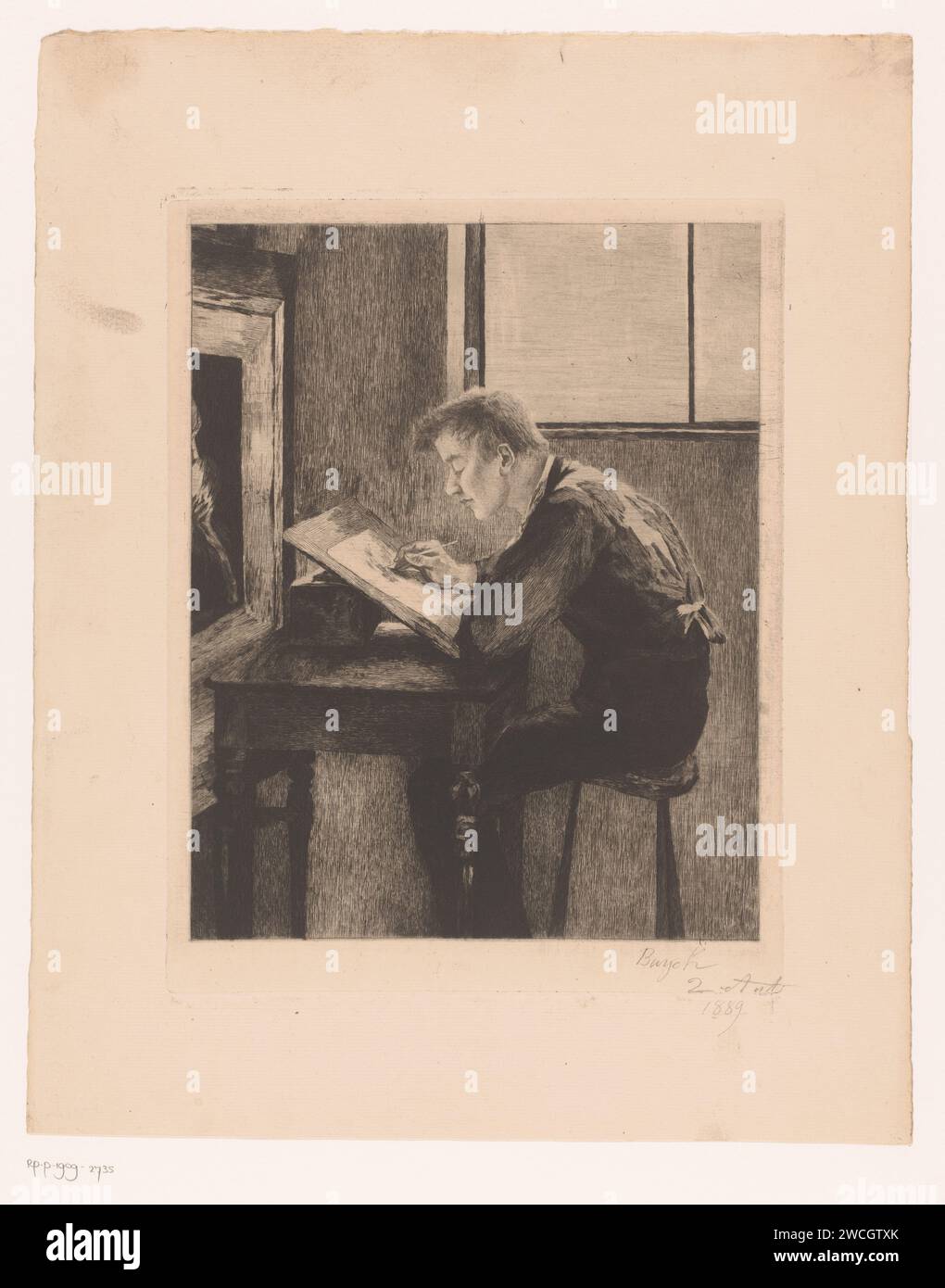 Draftsman bent over his work, Florimond Buyck, 1889 print paper etching ...