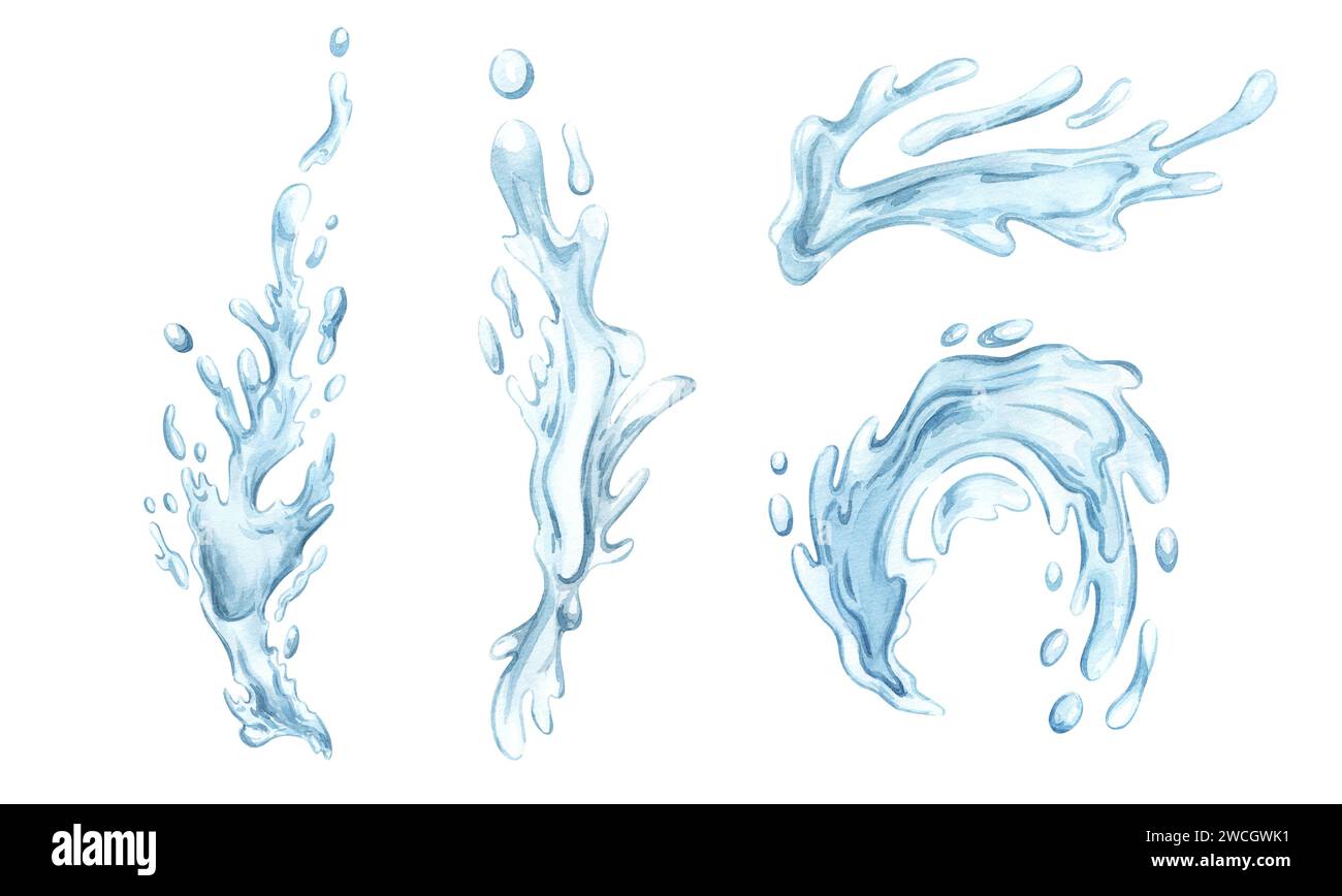 Set of Stream and splashes of water isolated on white background ...