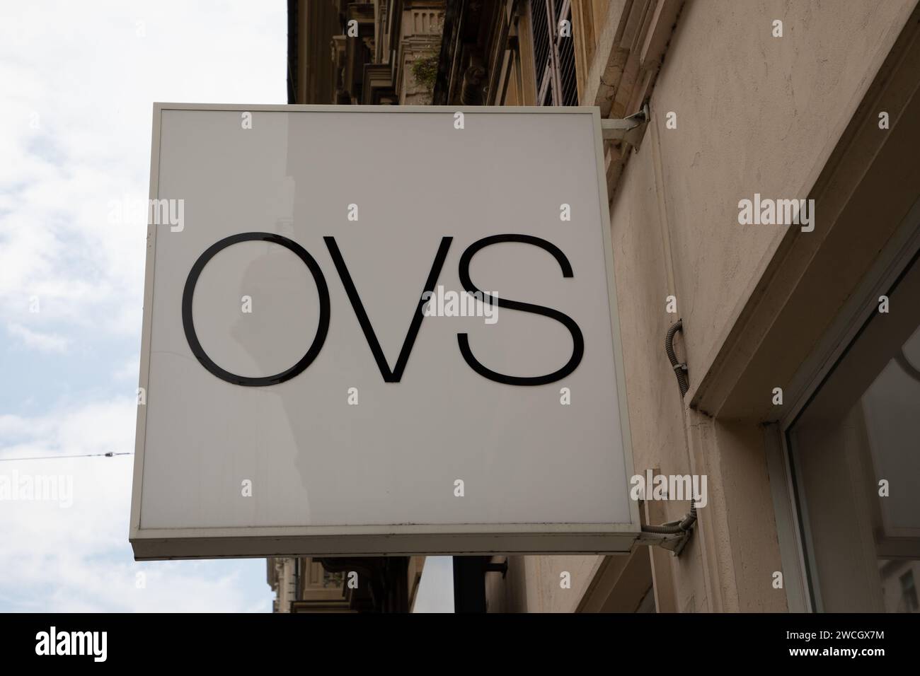 Turin , Italy - 01 12 2024 : OVS store from Italy logo brand and sign text Italian clothing ...