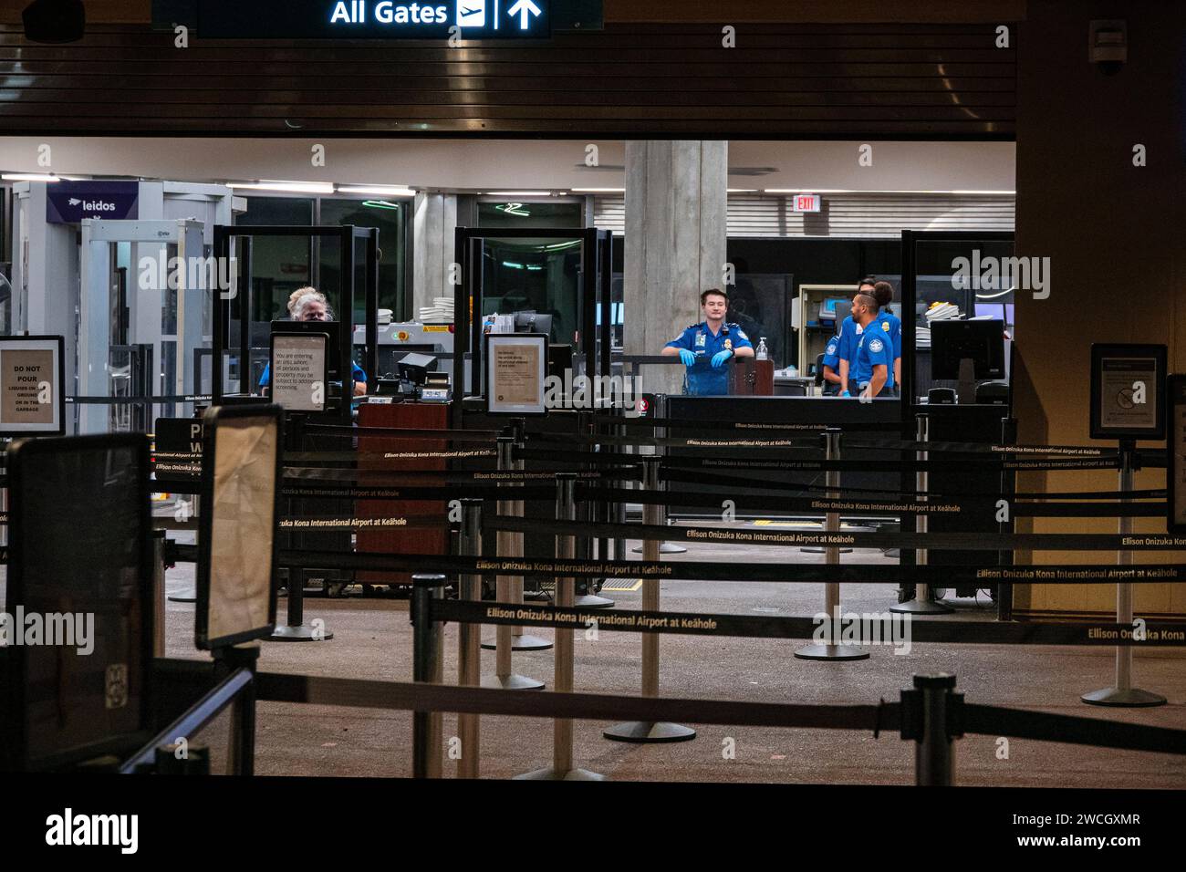 Kailua-Kona, Hawaii, USA. 15th Jan, 2024. TSA agents stand at the ...